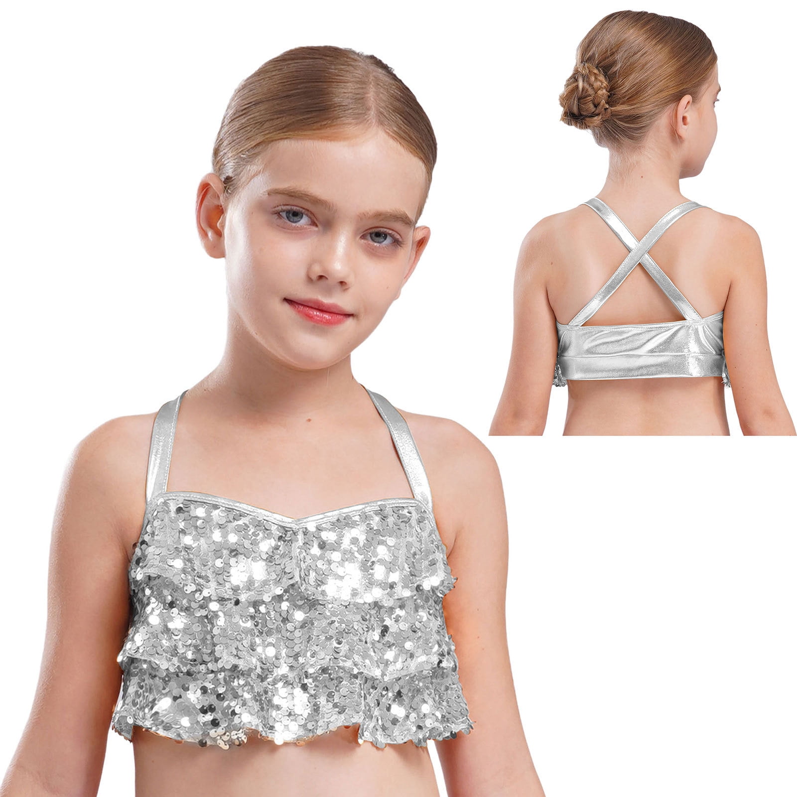 Sywiyi Kids Girls Sequin Camisole Jazz Hip Hop Ballet Modern Dance Crop Tops Cross Back Vest Bra ...
