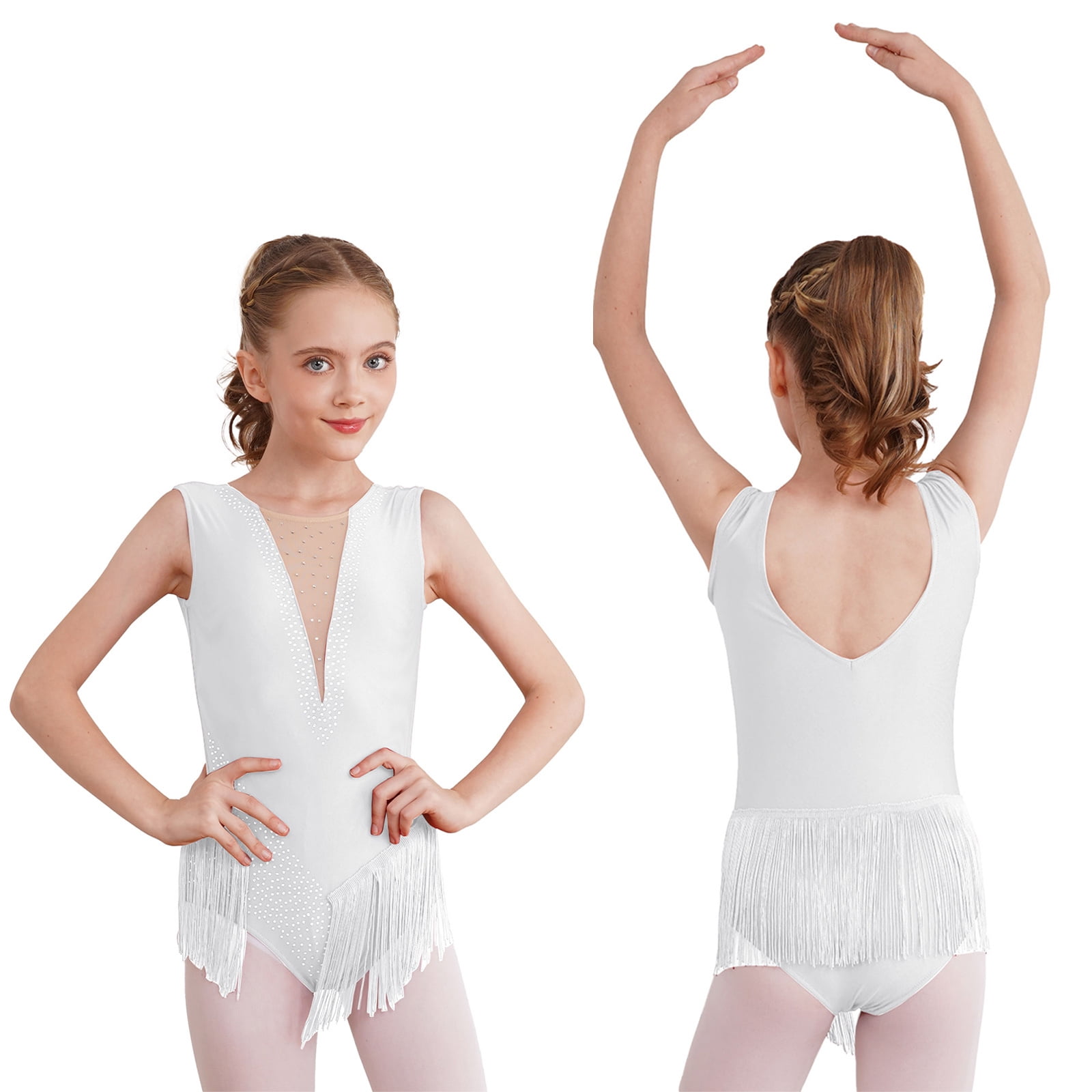 Sywiyi Kids Girls Shiny Rhinestone Fringed Rhythmic Gymnastics Leotard Sleeveless Figure Skating ...