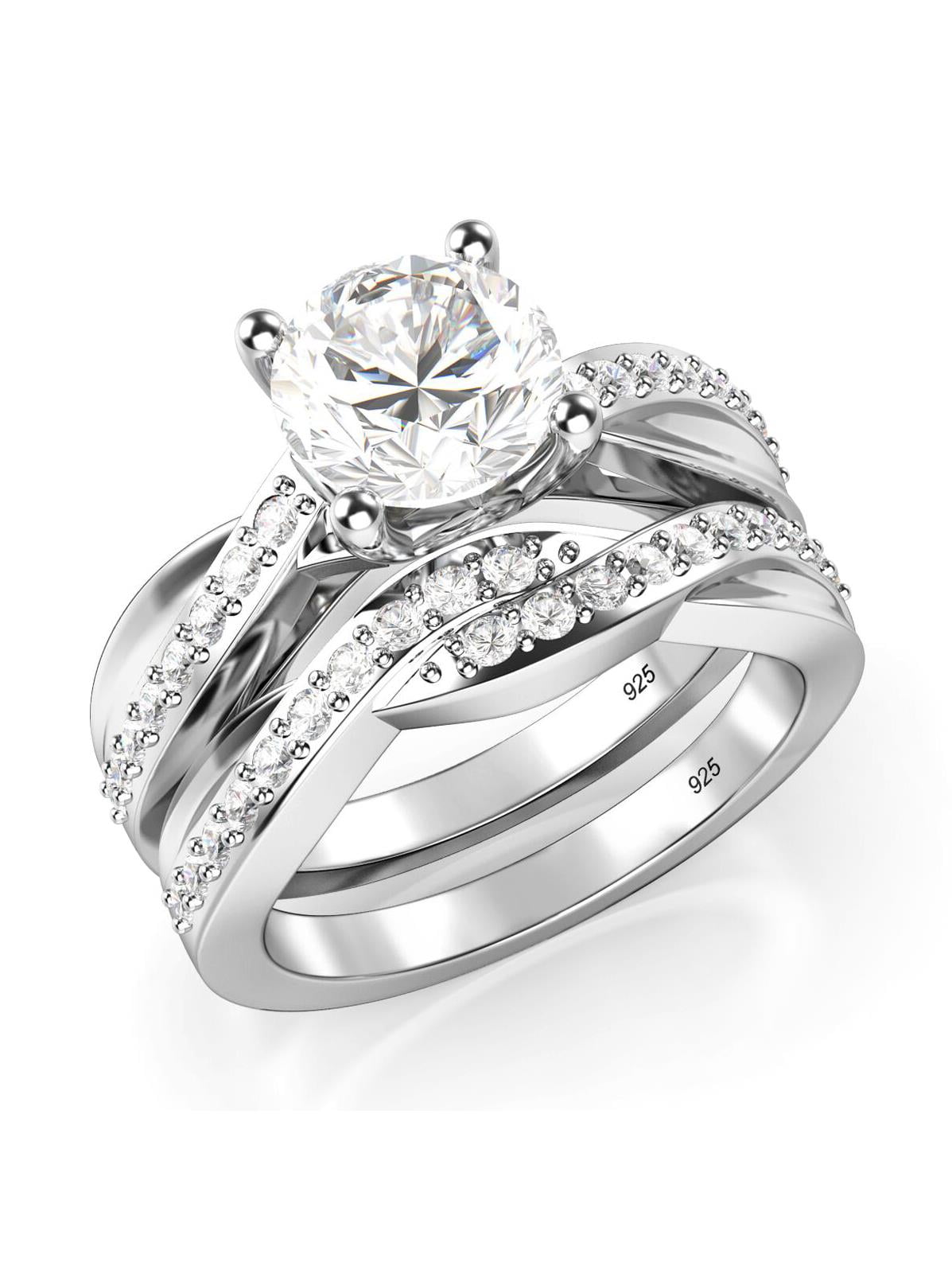 Sz 11 Sterling Silver 925 Round Brilliant Cut Cubic Zirconia CZ Engagement Ring Set - Walmart.com