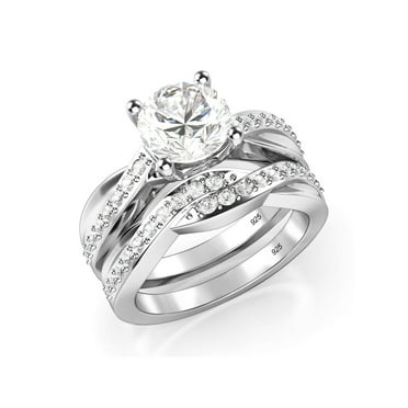 Sz 7 Sterling Silver 2Pcs 925 CZ Cubic Zirconia Engagement Wedding Band Ring Insert Set ...