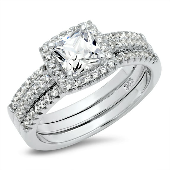 Sz 7 Sterling Silver Cushion Cubic Zirconia CZ 2Pc Halo Wedding ...