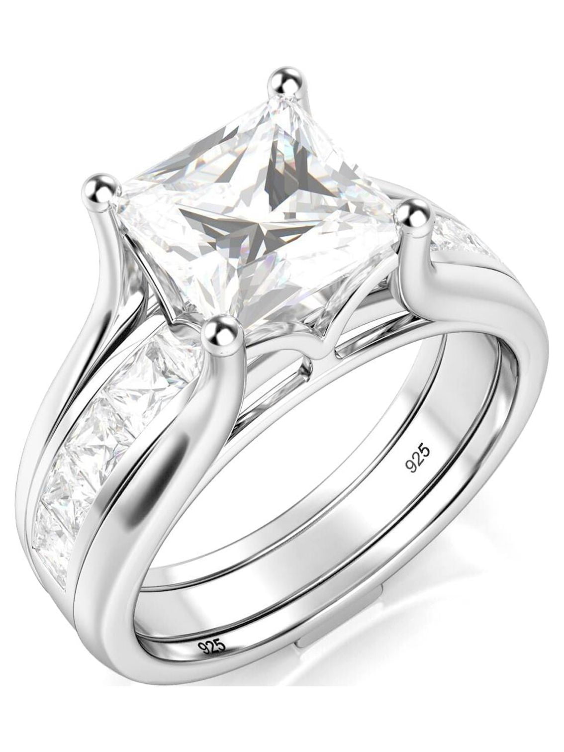 Sz 8 Sterling Silver 2Pcs 925 CZ Cubic Zirconia Engagement Wedding Band ...