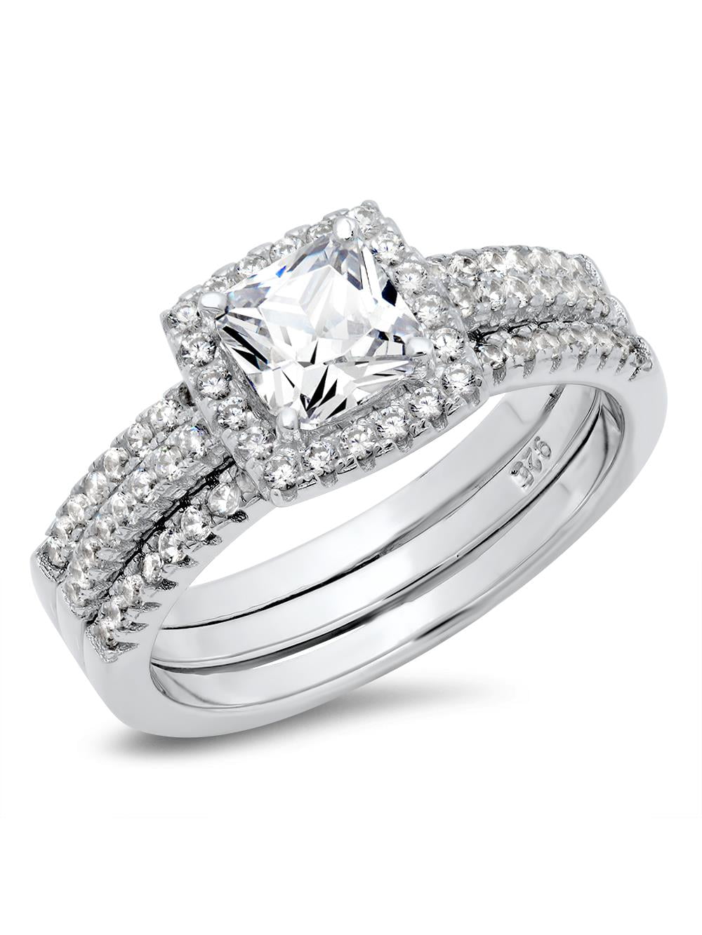 Sz 9 Sterling Silver Cushion Cubic Zirconia CZ 2Pc Halo Wedding ...