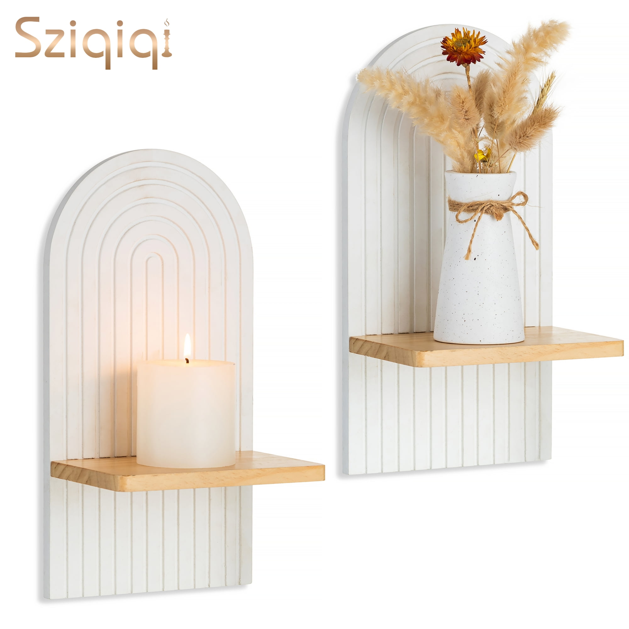 Sziqiqi Boho Wall Candle Holders Set of 2: White Wood Floating Shelves ...