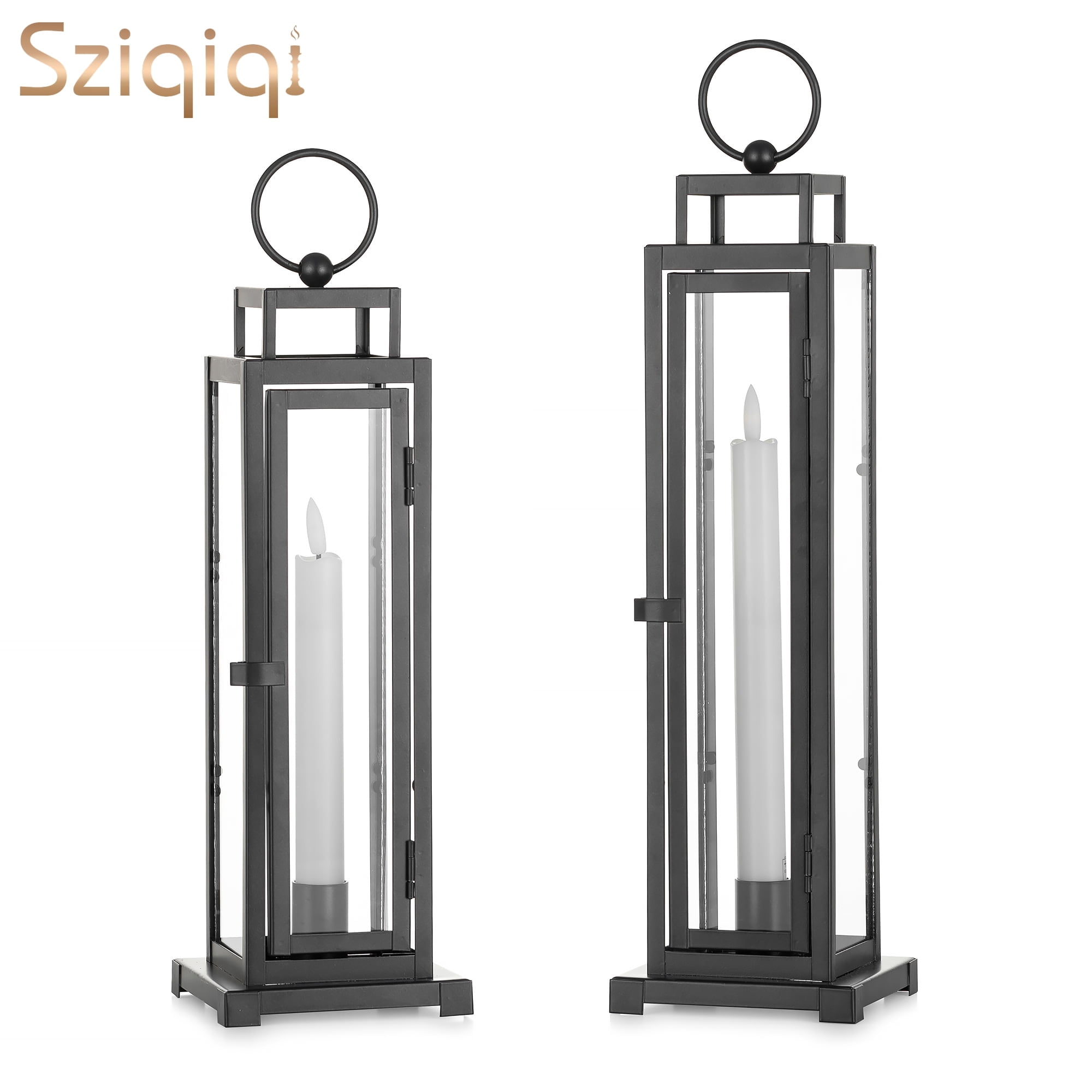 Sziqiqi Set of 2 Black Glass Lanterns with LED Taper Candles for Indoor ...