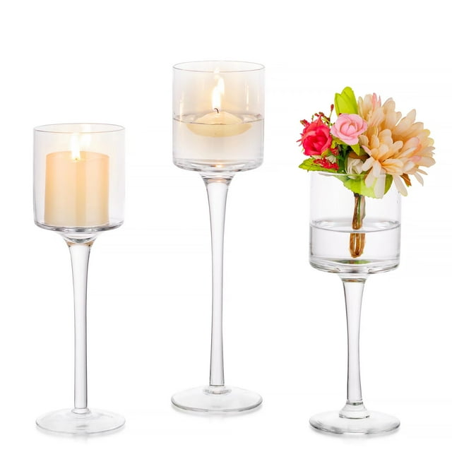 Sziqiqi Glass Hurricane Candlestick Holders, 3-Pc Set, Votive Stem for ...