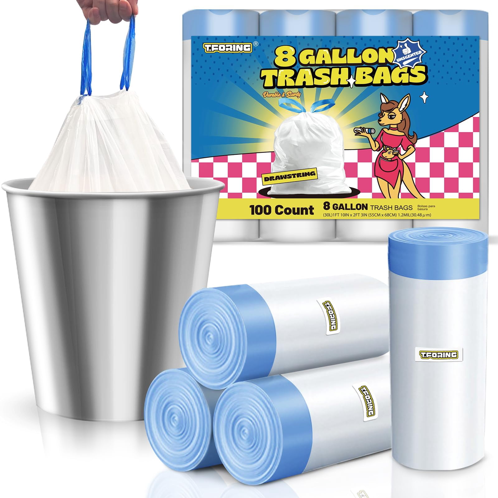 T.FORING 8 Gallon Trash Bags Drawstring 1.2 Mil - 100 Count White ...