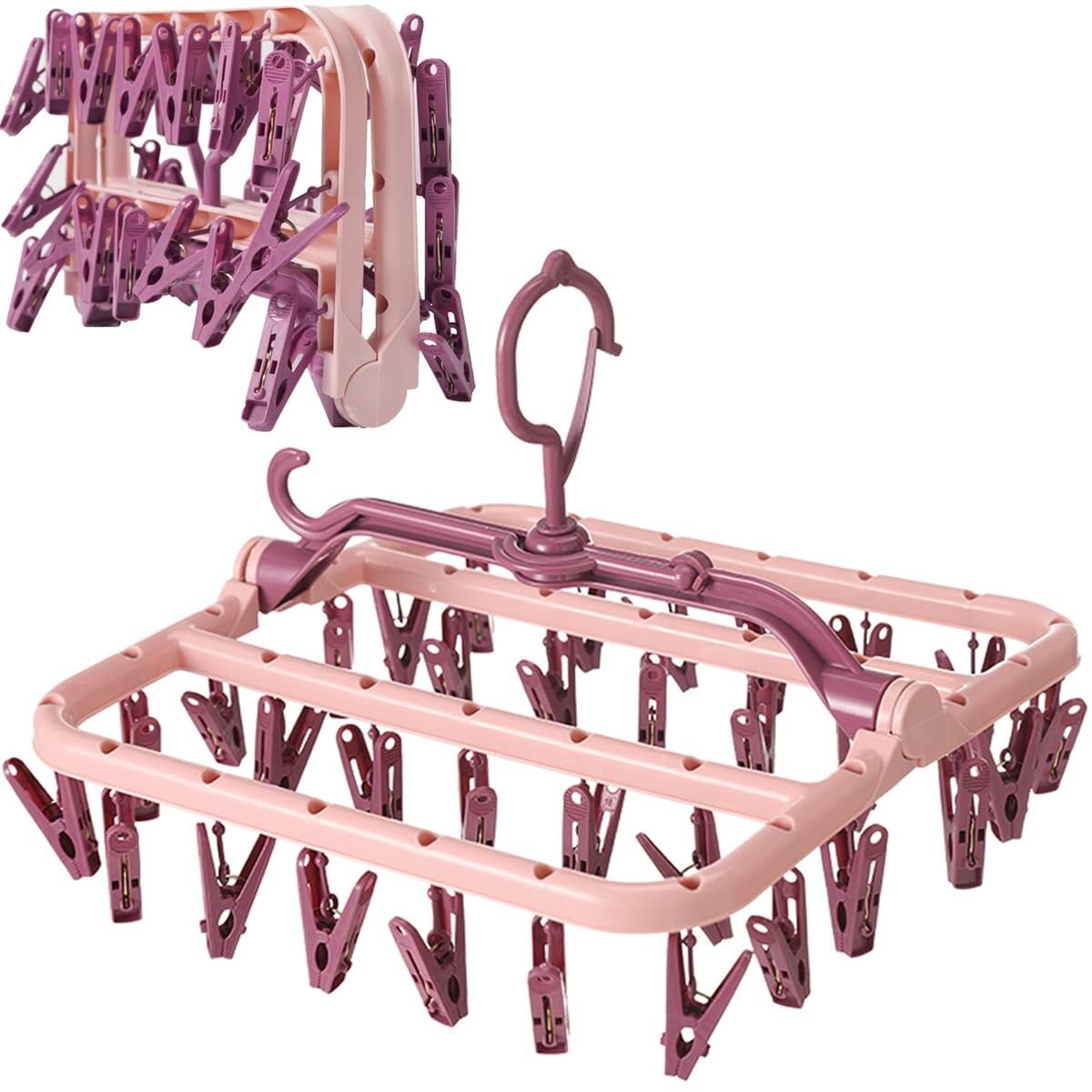 T. Foldable Clothes Drying Rack with 32 Drying Clips Wind-Proof Hook ...