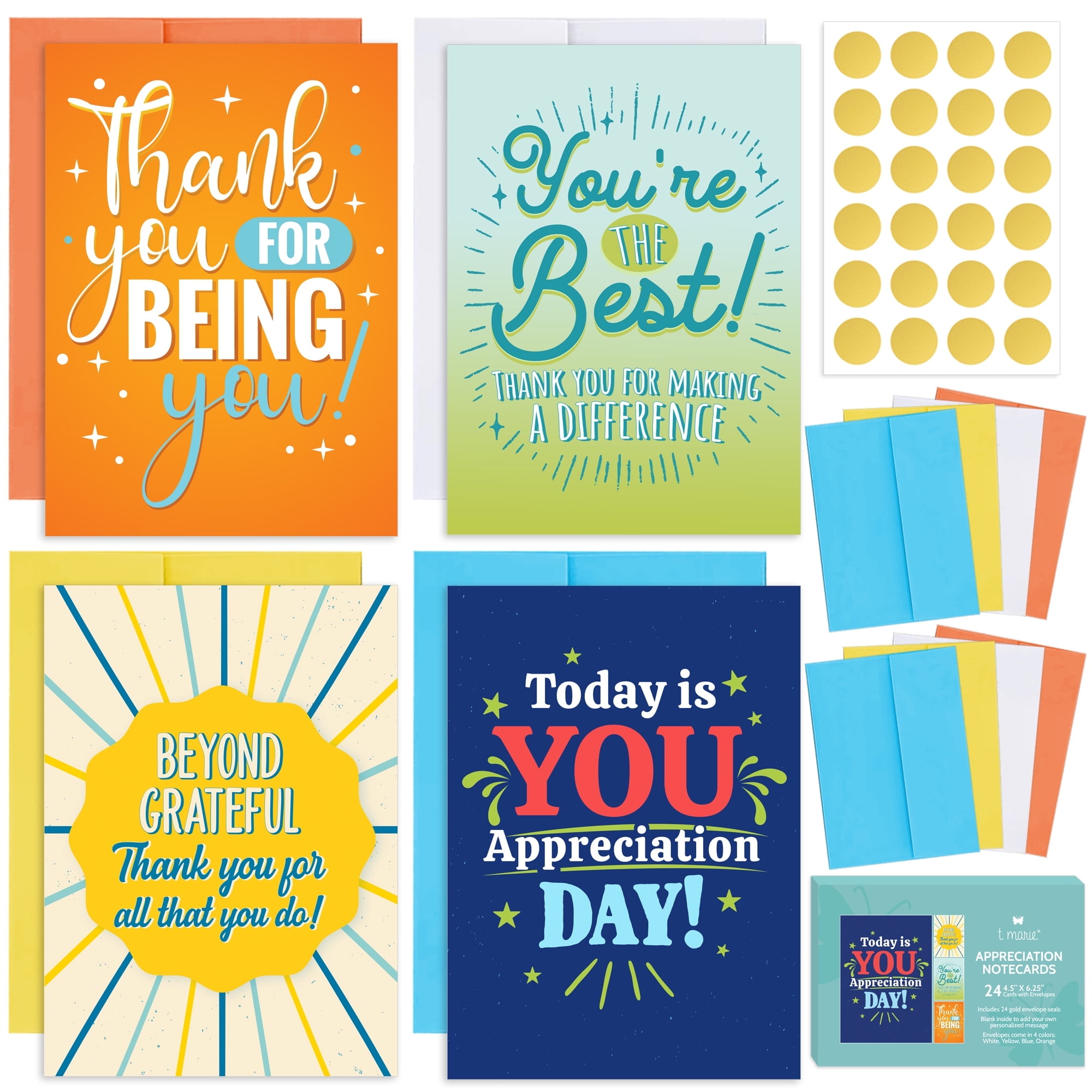 T MARIE 24 Appreciation Cards with Colorful Envelopes and Gold Stickers ...