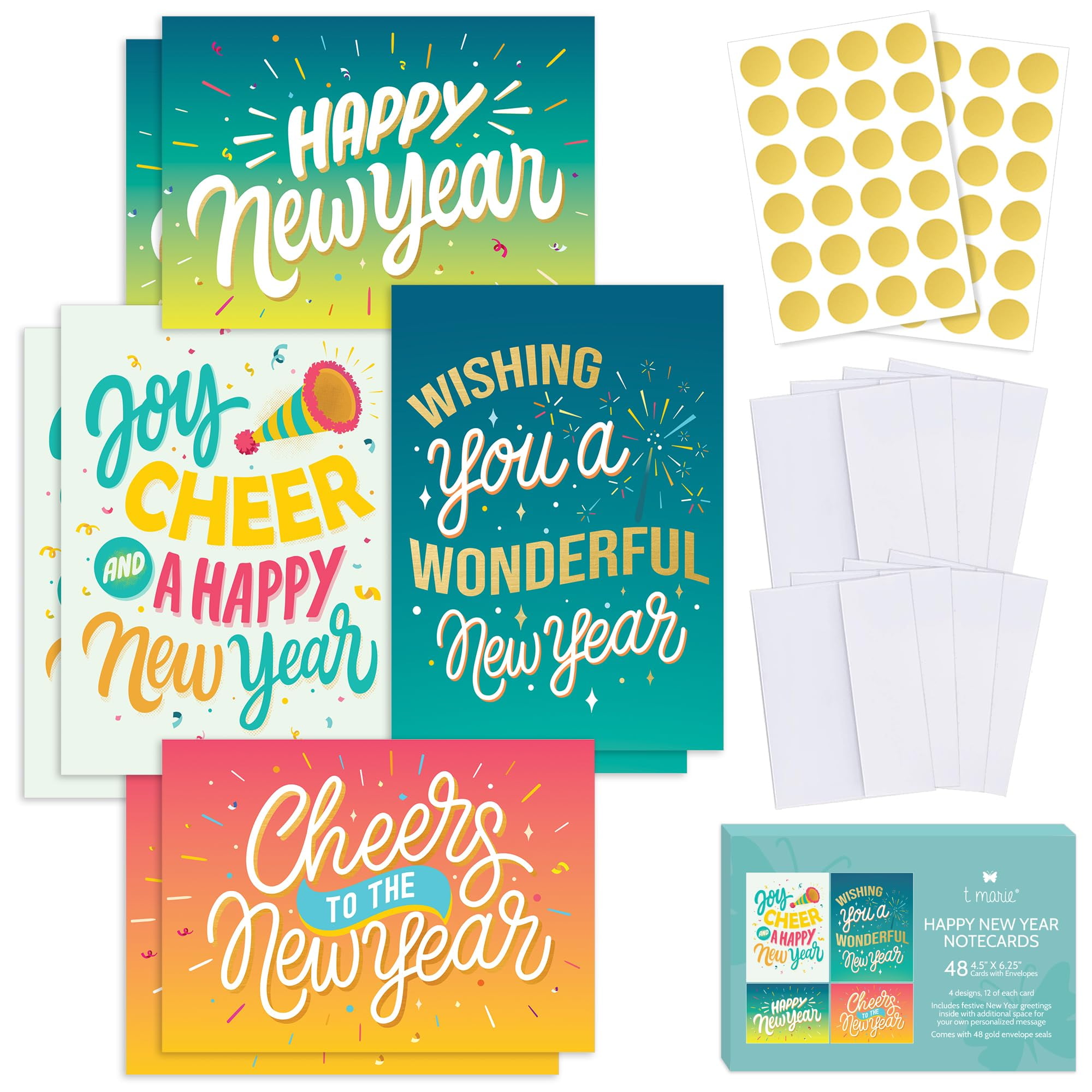 T MARIE 48 Happy New Year Cards Boxed Set With Envelopes and Gold ...