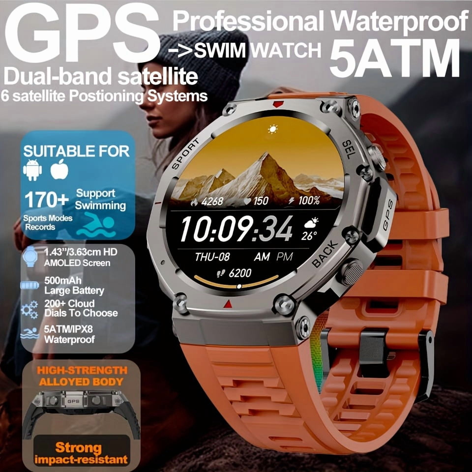 T-Rex 3 Xuanwu Black 48mm Men's GPS Smartwatch, 5ATM Swimproof, Compass ...