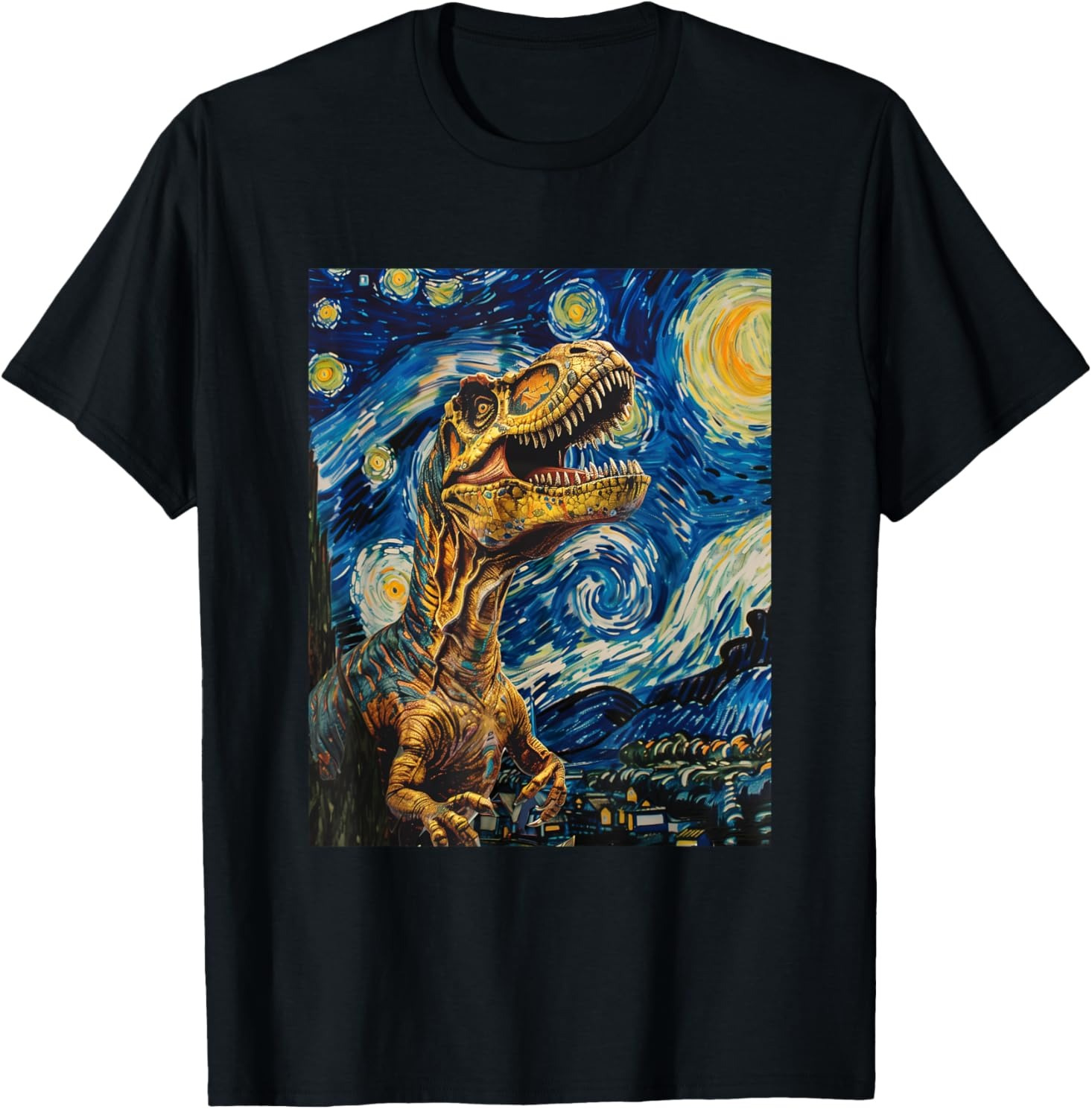 T-Rex Dinosaur Art T-Shirt – Starry Night Style Graphic Tee for Dino ...