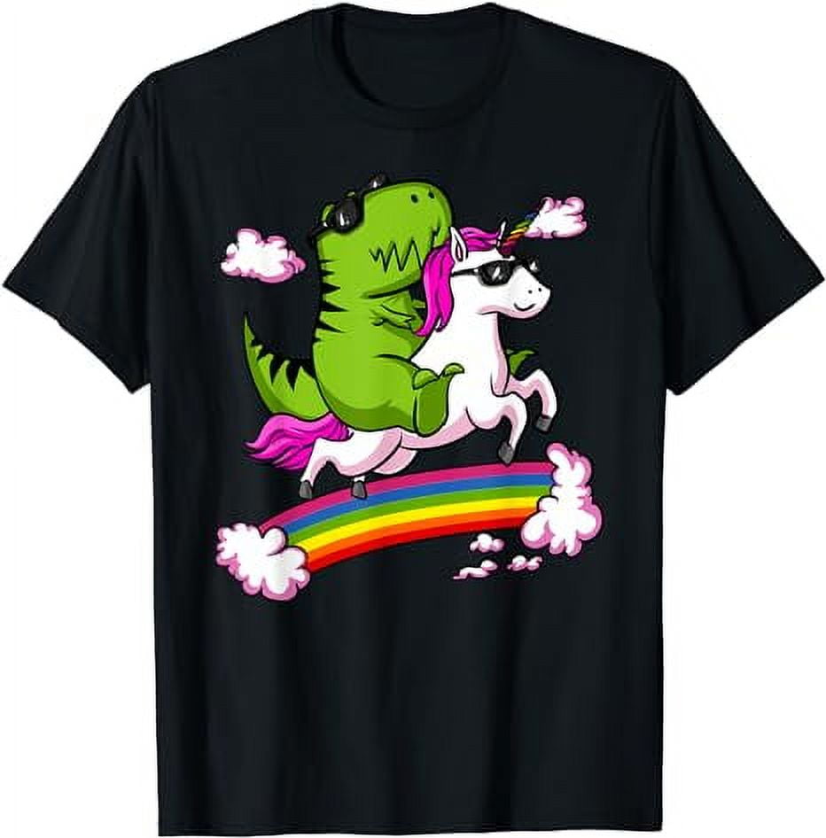 T-Rex Dinosaur Riding Unicorn Funny Rainbow Girls Boys Kids T-Shirt ...