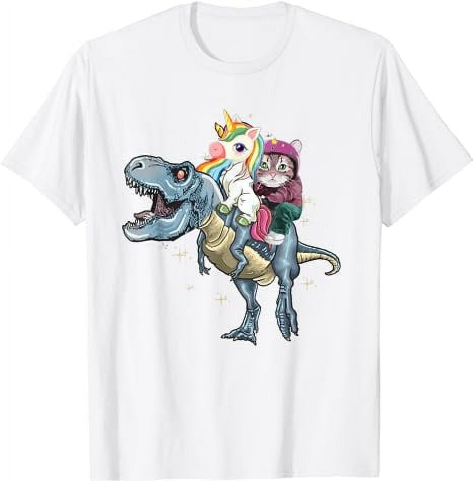 T-Rex Dinosaur Riding Unicorn Rainbow Funny Cat Lover white T-Shirt ...