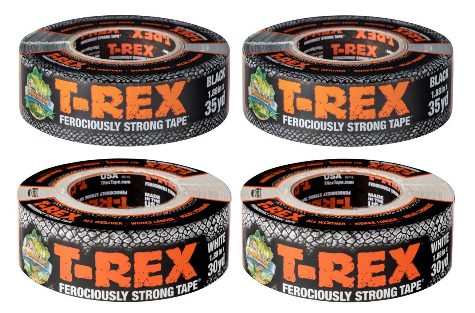 T-Rex Ferociously Strong Duct Tape, 2 Black and 2 White Rolls, 120 ...