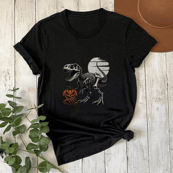 T Rex Pumpkin Skeleton Halloween Dinosaur Scary Fun Art Unisex T-Shirt ...