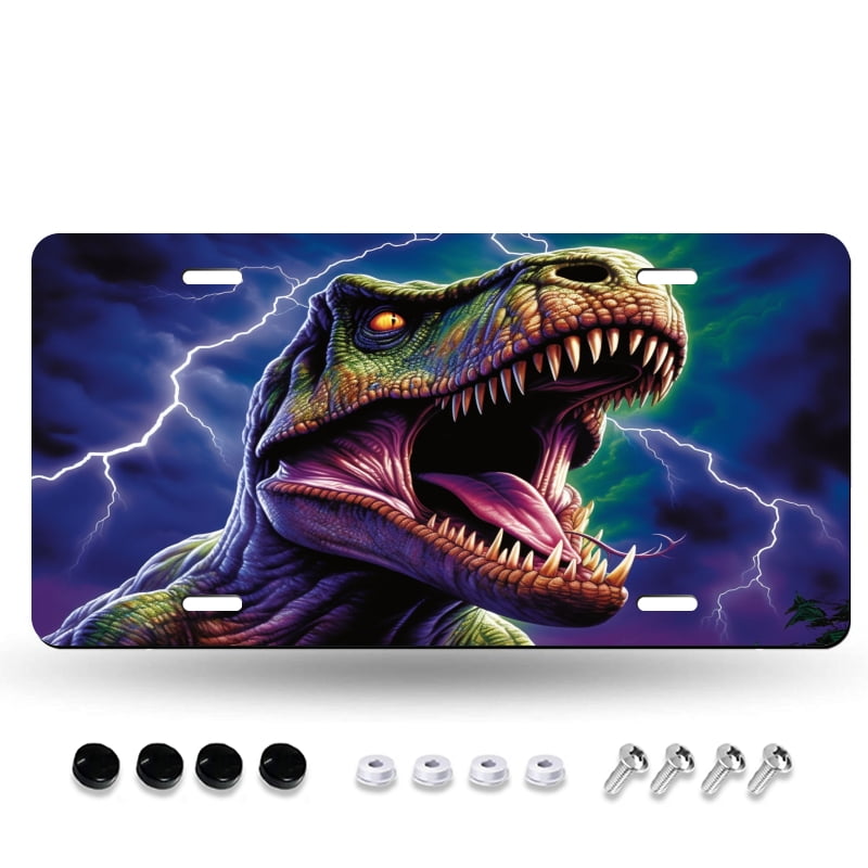 T-Rex Roaring with Mouth Open Green and Purple Scales Front License ...