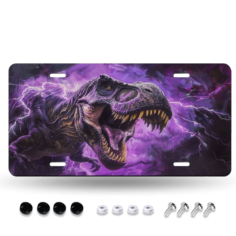 T-Rex Roaring with Purple Lightning Front License Plate, Decorative ...