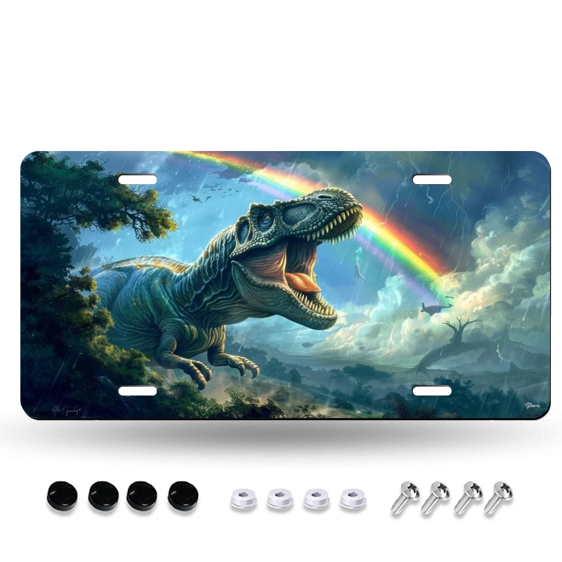 T-Rex Soaring Through The Sky with Rainbows and Lush Greenery Front ...