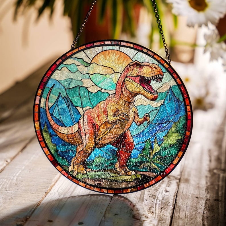 T-Rex Stained Glass SunCatcher Dinosaur Window Hanging Trex Home ...