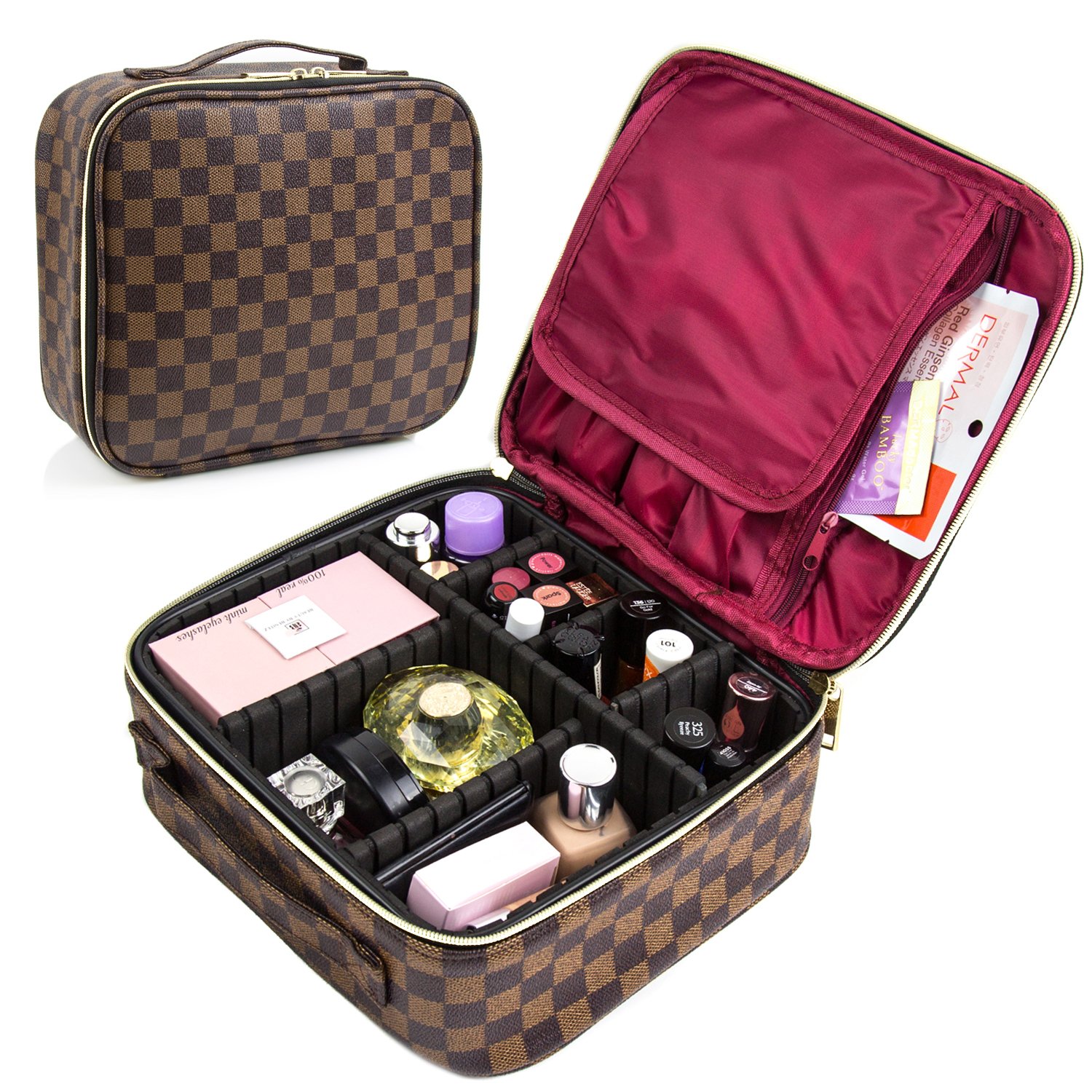 Luxouria Checkered Makeup Bag for Women - Luxury Travel Cosmetic Bags ...