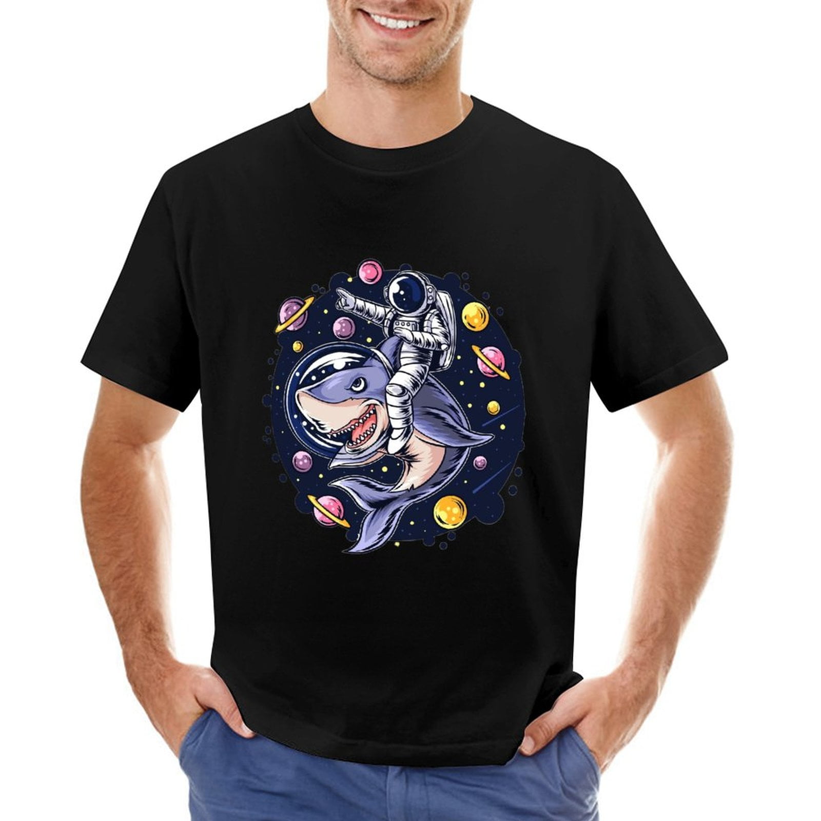 T-Shirt Astronauts Riding Shark Men's Funny Graphic Tee Shirt - Walmart.com