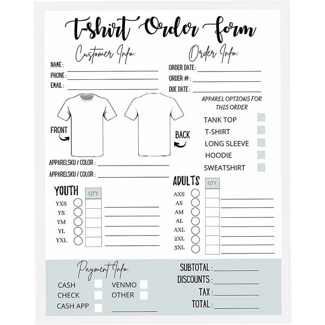 T-Shirt Custom Order Form Hoodie Template Business Invoice 75 pk 8.5x11 ...
