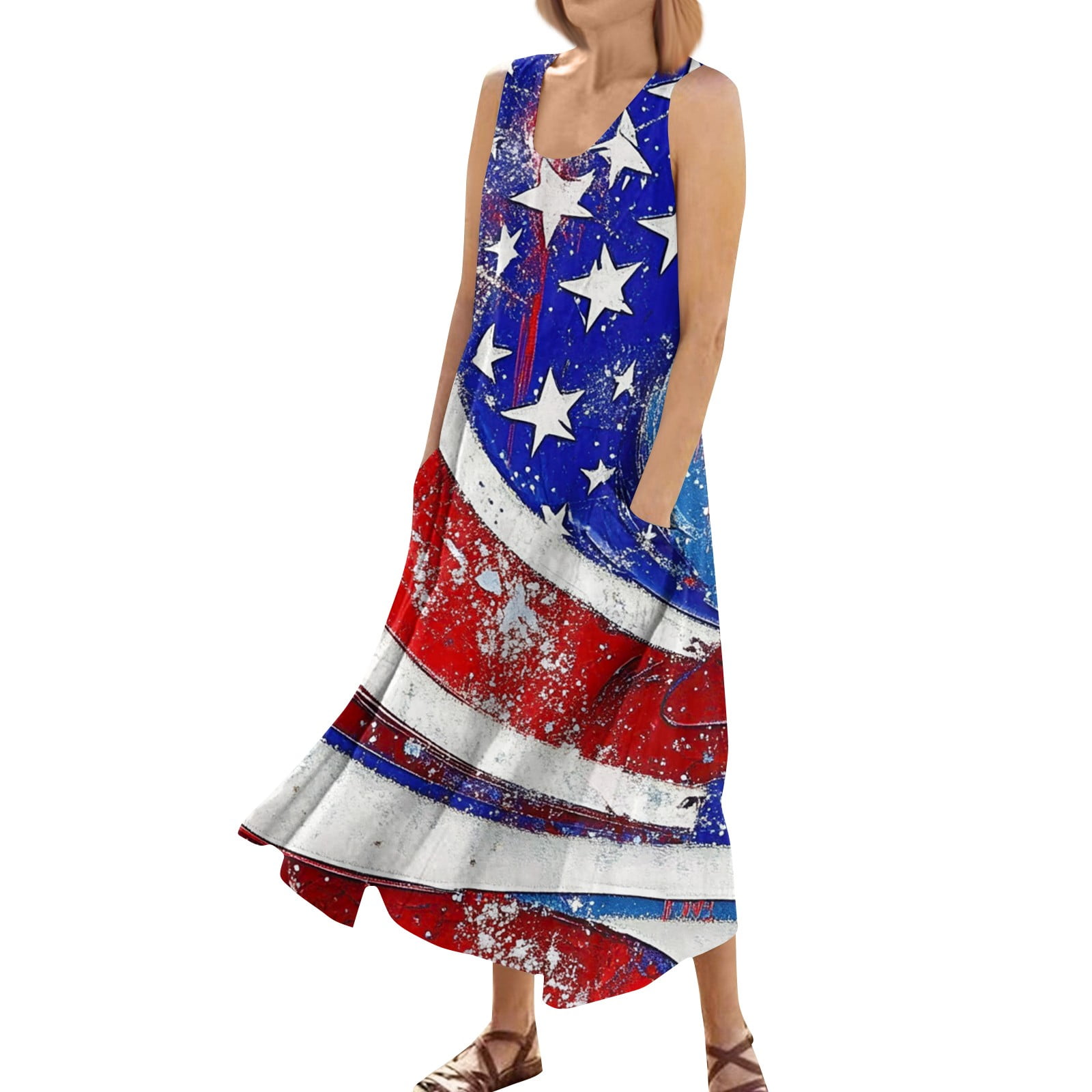 T Shirt Dress, 4Th Of July Casual Cotton Sleeveless Round Neck American ...