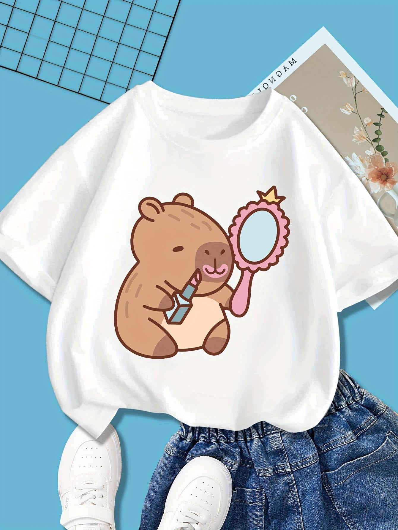 A T-Shirt Featuring a Capybara Pattern for Girls, with a Round Neck And ...
