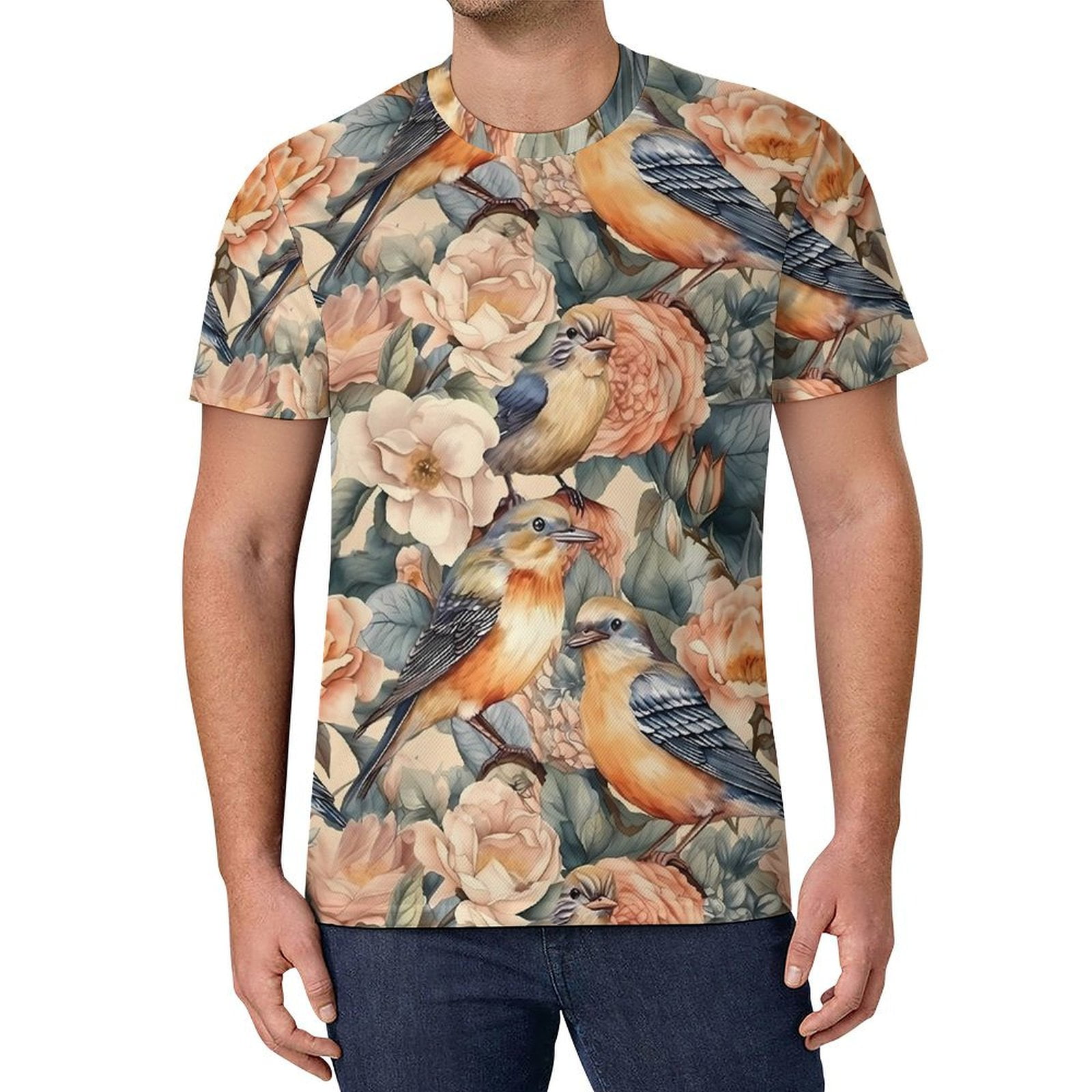 T Shirt For Men Birds Flower Print Pink And Blue Rose Male Popular ...