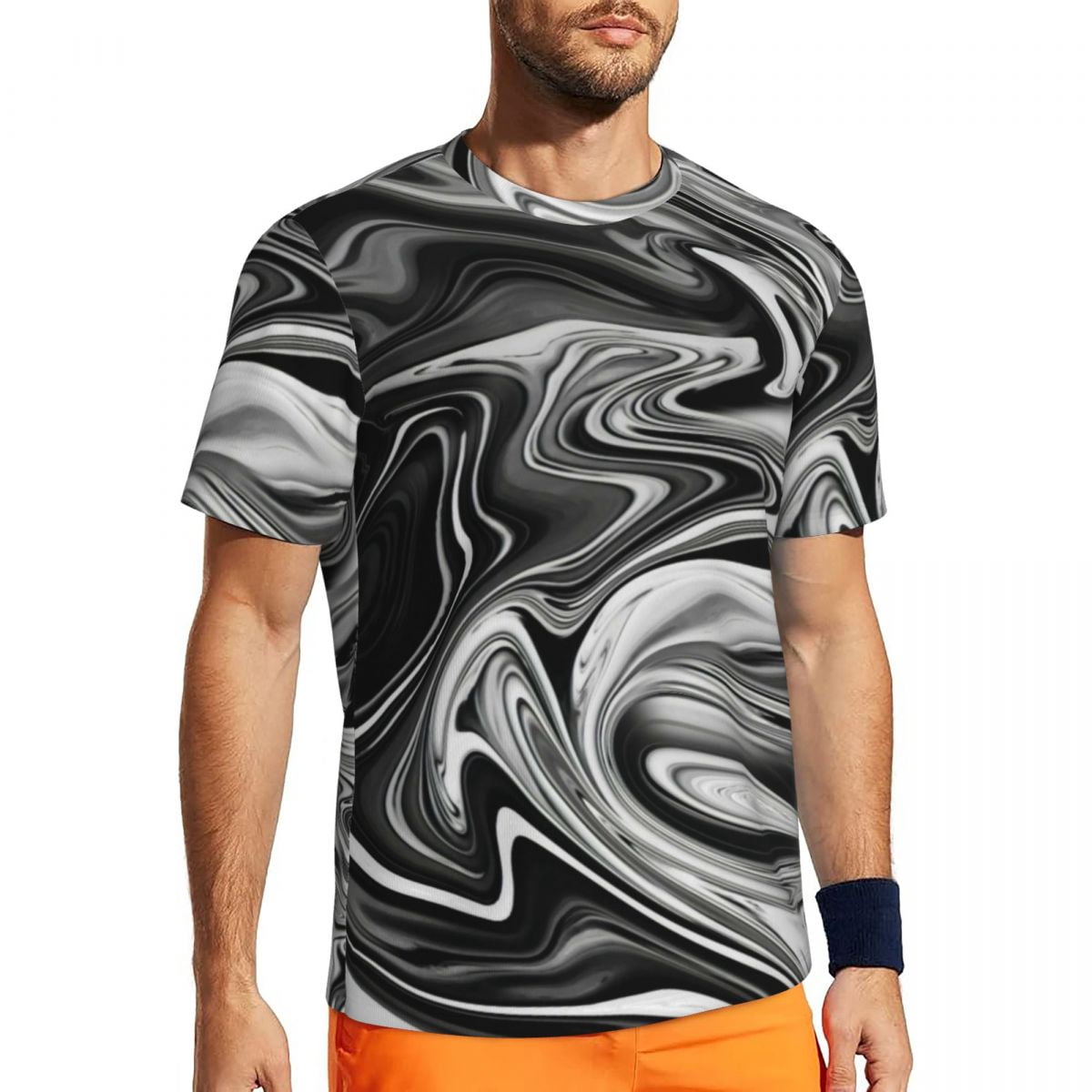 T Shirt For Men Liquid Black And White Sports Beach Elegant Marble ...