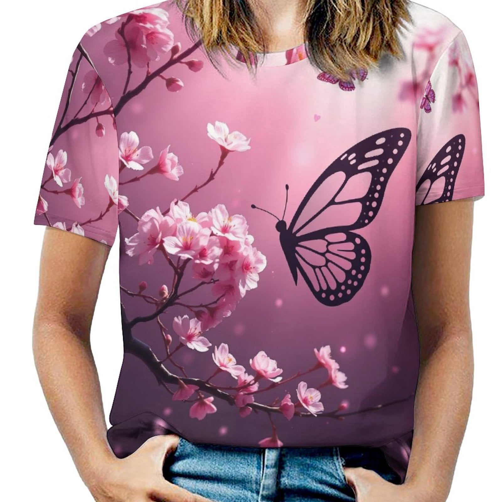 T-Shirt O Neck Butterfly Cherry Blossom Beauty Overd T Shirts Short ...