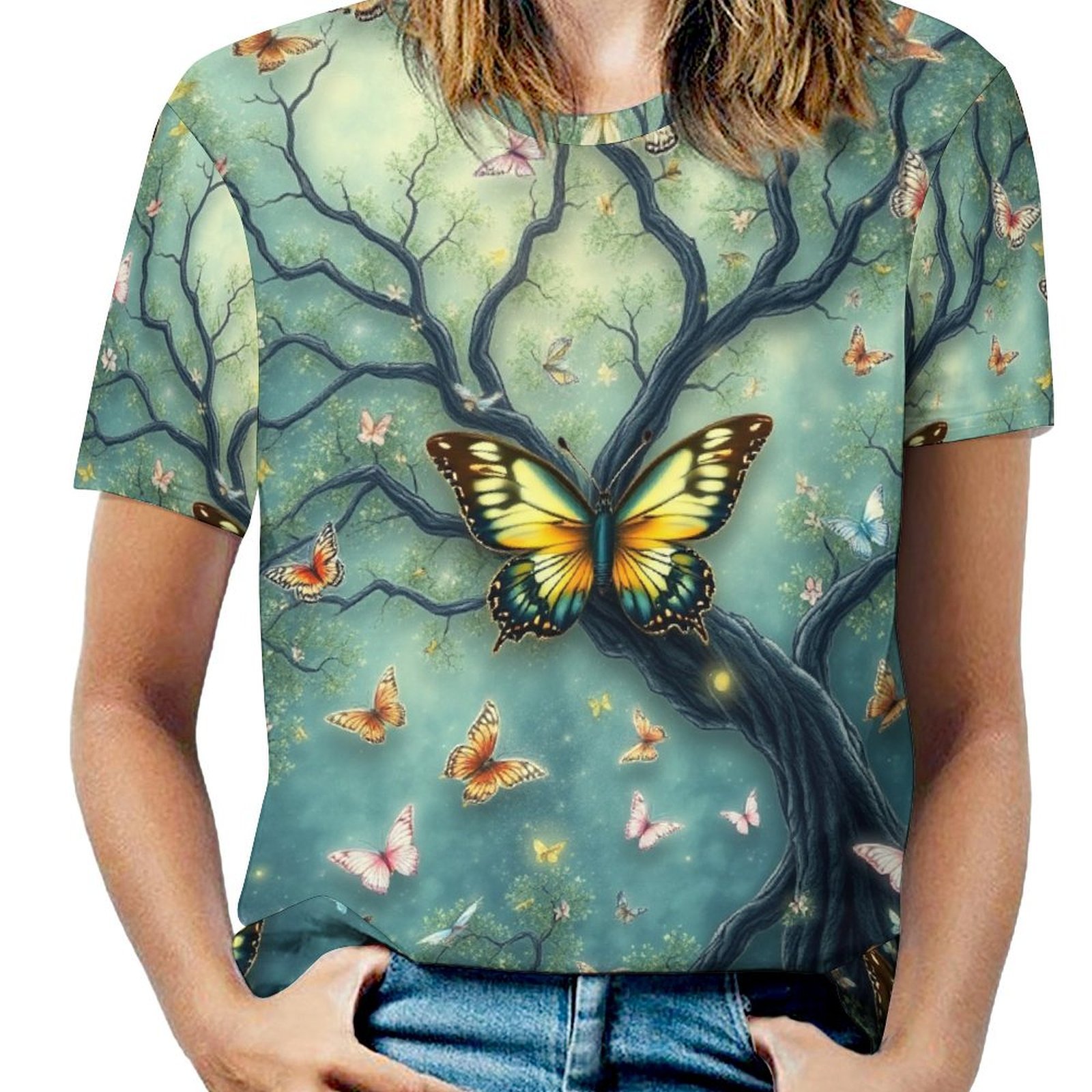 T-Shirt O Neck Butterfly Tree Fantasy Overd T Shirts Short Sleeve ...