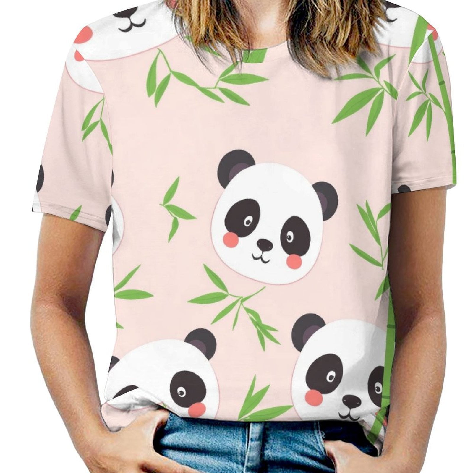 T-Shirt O Neck Cute Panda Bamboo Pattern Overd T Shirts Short Sleeve Street Style Tees Women ...