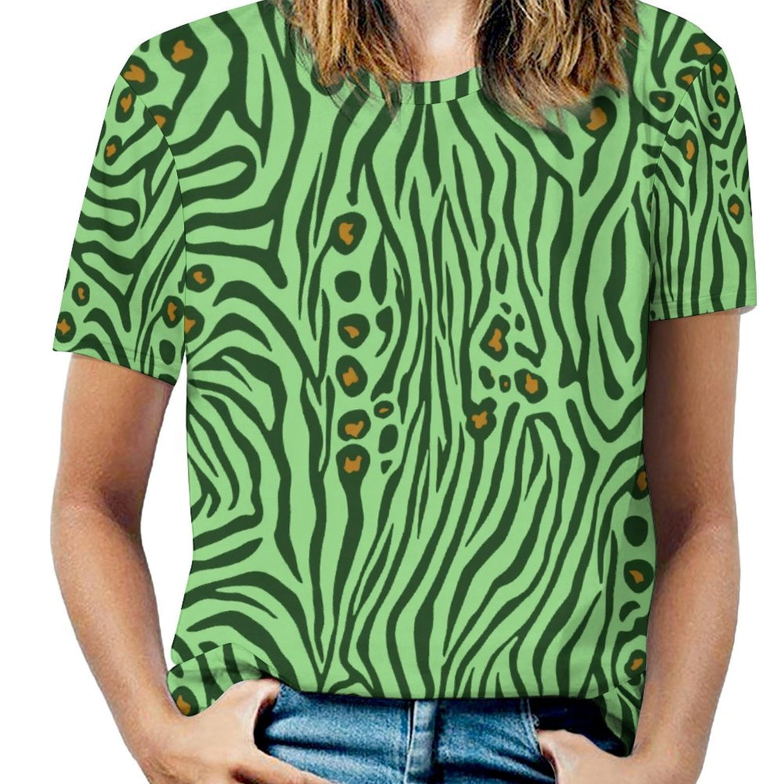 T-Shirt O Neck Green Zebra Pattern Overd T Shirts Short Sleeve Street Style Tees Women Beach ...
