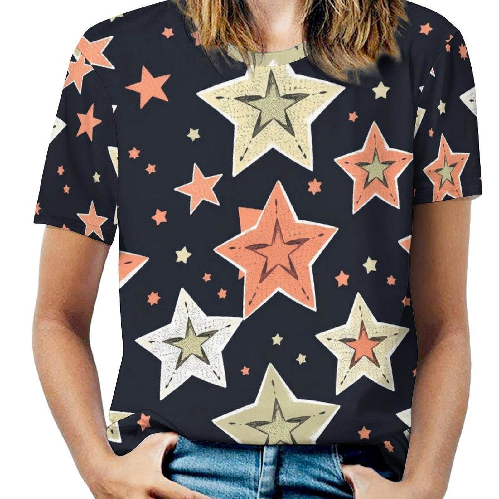 T-Shirt O Neck Starry Night Pattern Overd T Shirts Short Sleeve Street ...