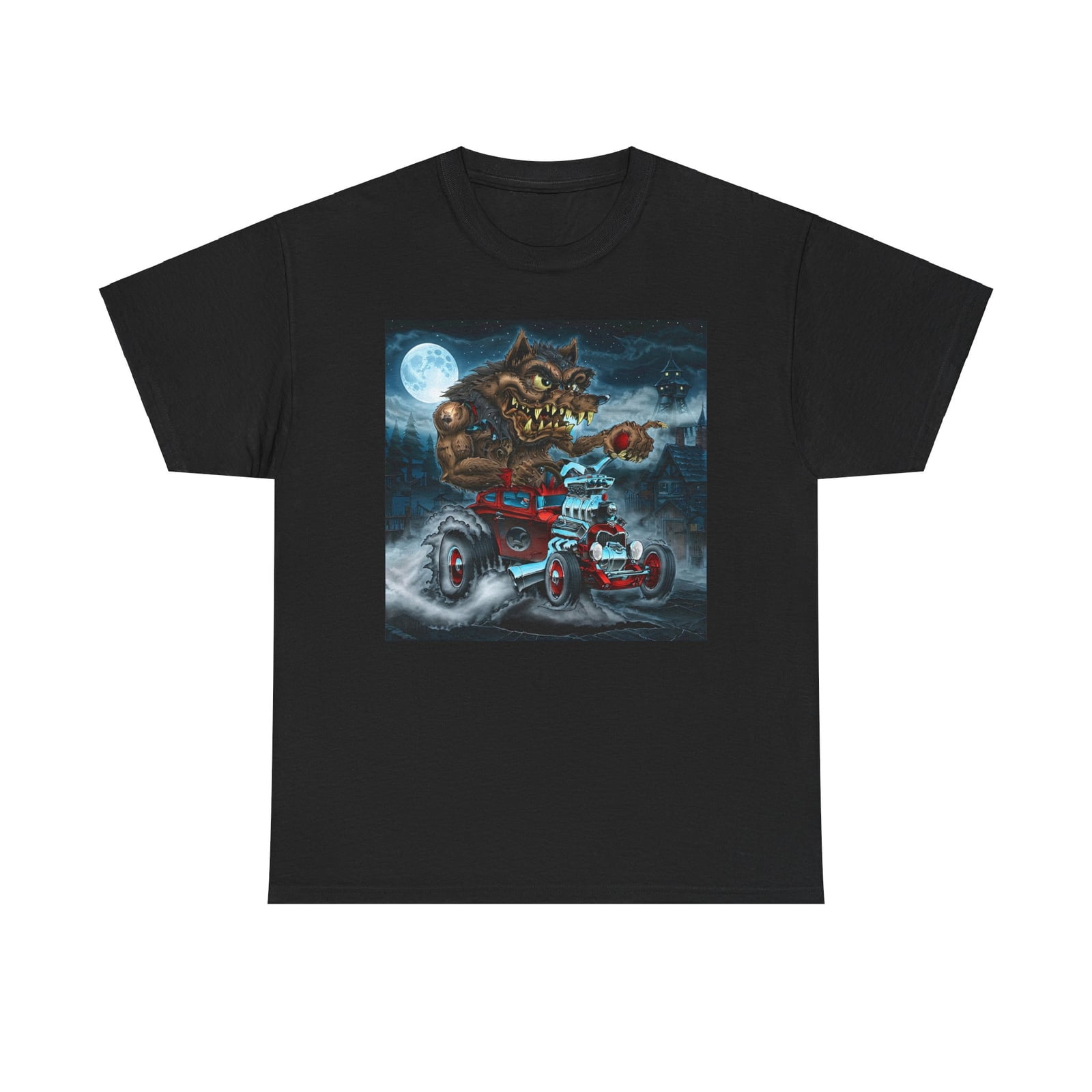 T-Shirt Werewolf Driving Red Coupe Chrome Engine for Custom Car and ...
