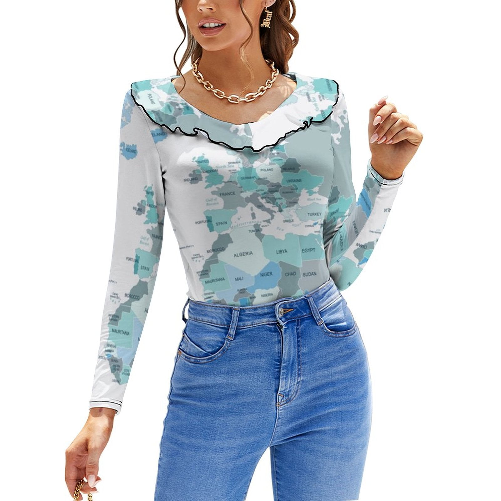 T-Shirt Women'S Adventure Awaits World Map In Teal Ruffle Short Sleeve ...