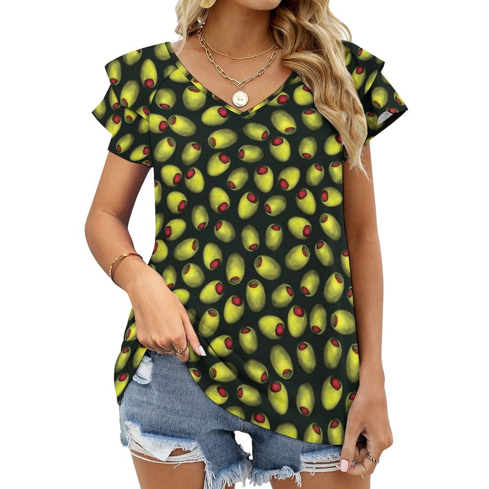 T-Shirt Women'S Green Olives With Red Pimentos-Novelty Food Pattern ...