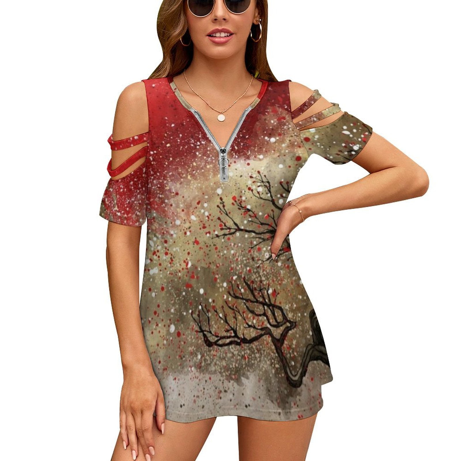 T-Shirt Women'S Iroha Ruffle Short Sleeve Women's V Neck Sexy Printed ...