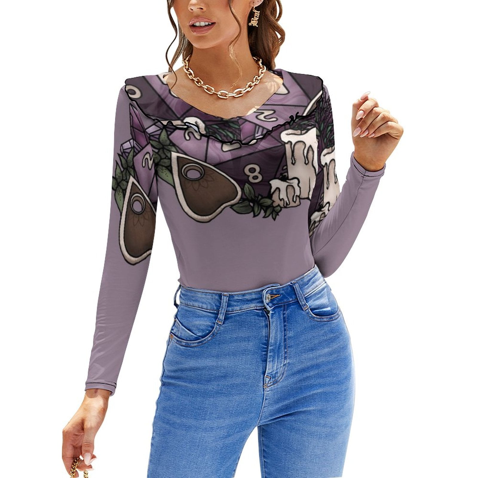 T-Shirt Women'S Witchy D20 Tabletop Rpg Gaming Dice Ruffle Short Sleeve ...