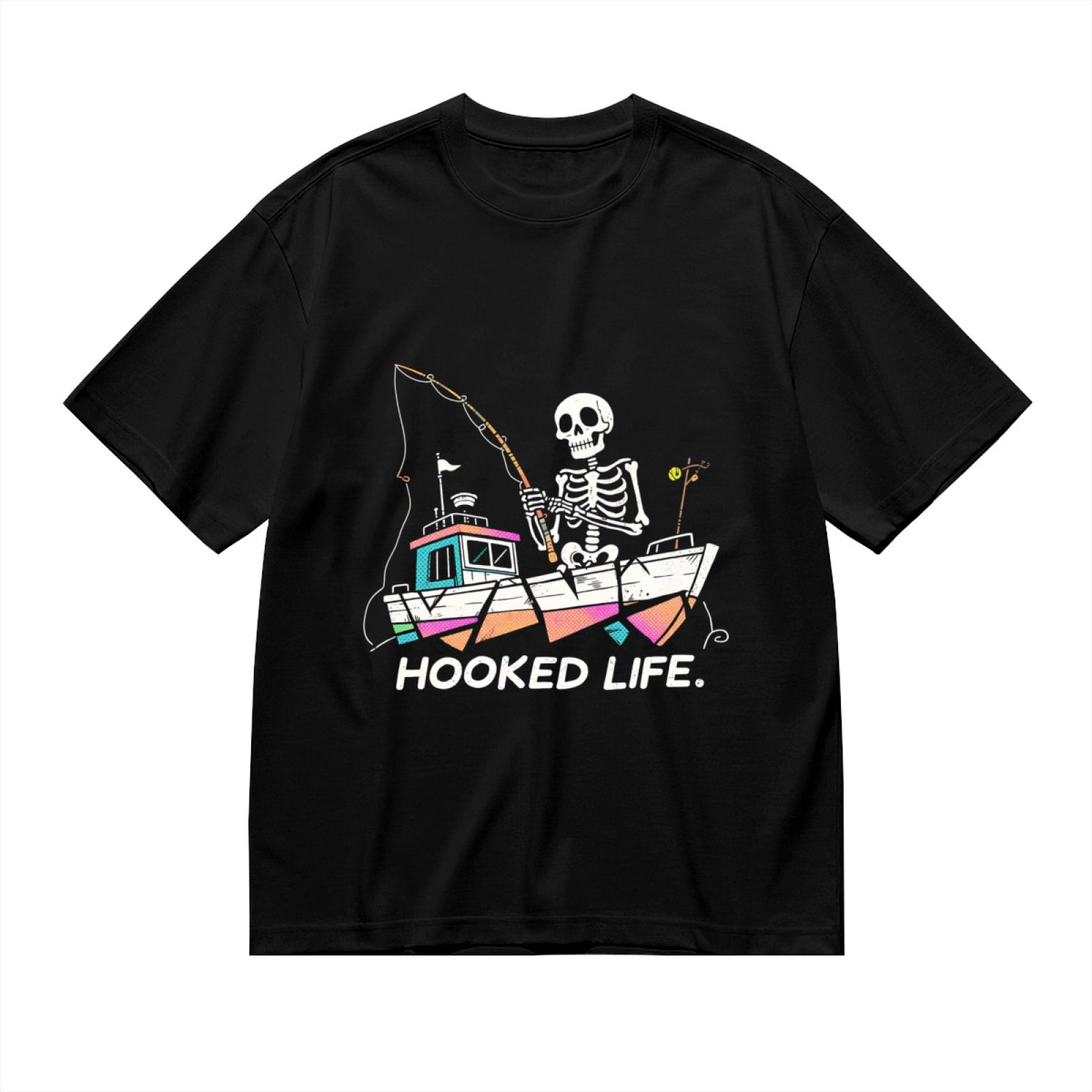 T Shirt for Men, Hooked Life,Skeleton Boat Print 1 1, Vintage Graphic ...