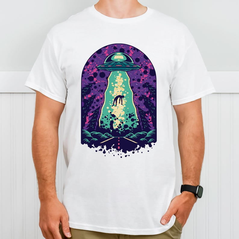 T-Shirt with Alien Abduction Scene, Vibrant Sci Fi Illustration with ...