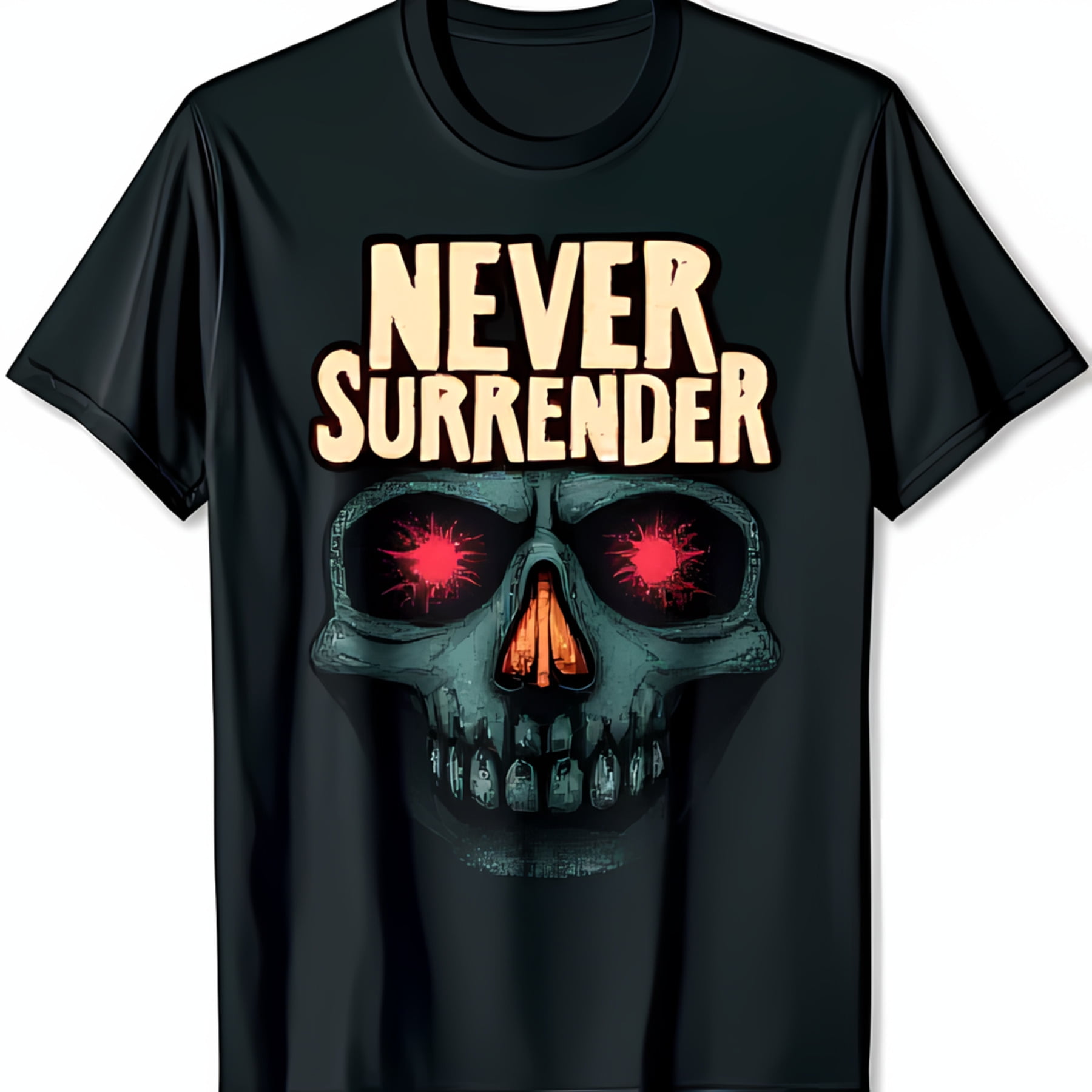 T-Shirt with Red Eyes & NEVER SURRENDER Graphic Bold Statement Tee ...