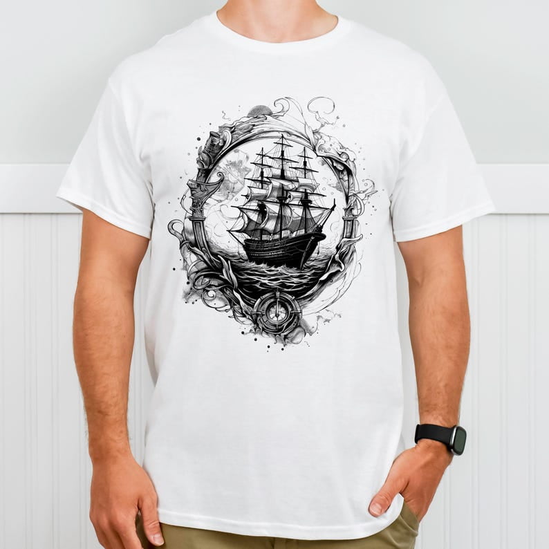 T-Shirt with Sailing Ship Art, Vintage Nautical Style with Compass and ...