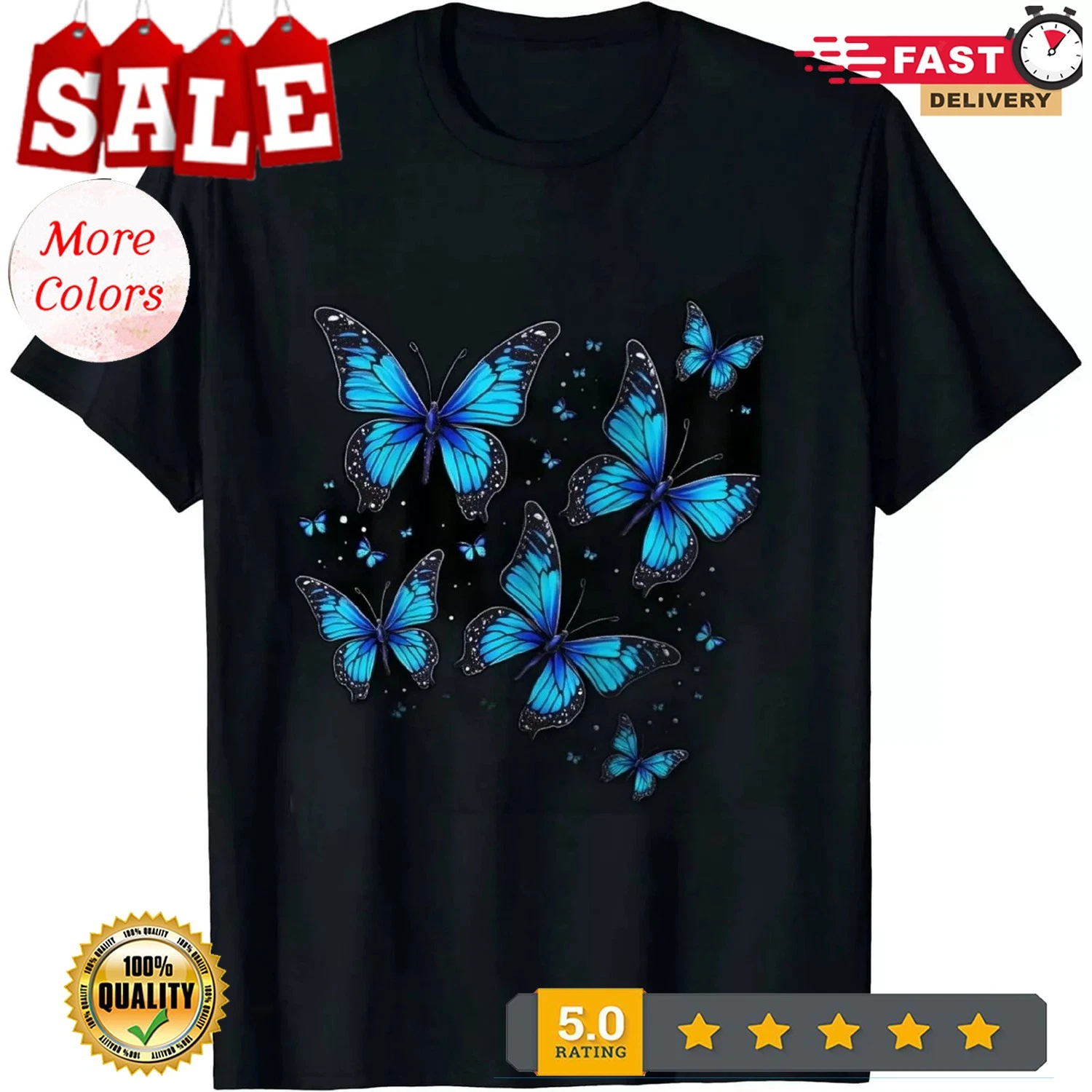T-Shirts|Blue Butterfly Art Garden Butterflies T-Shirt - Walmart.com