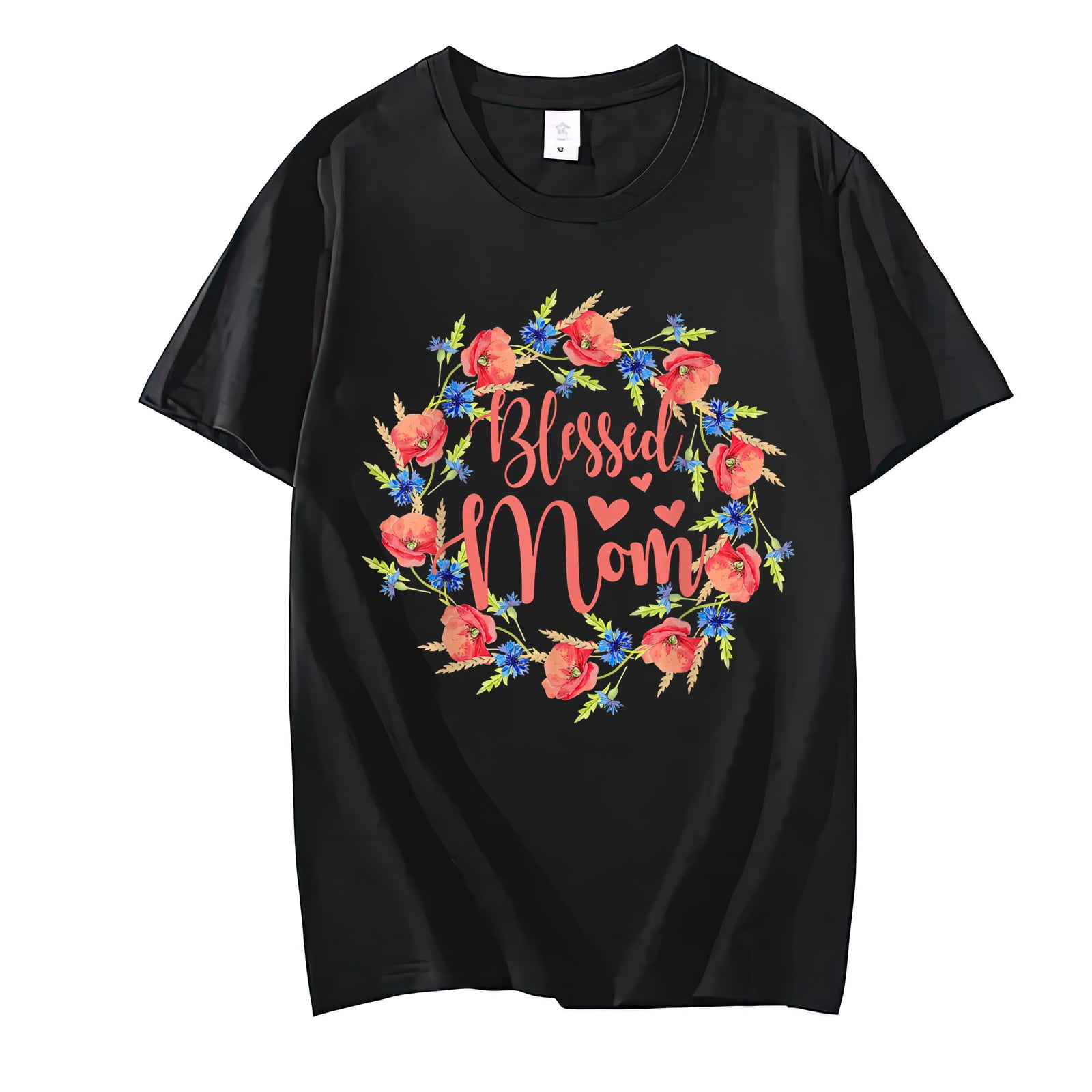 T-Shirts For Women Mother's Day Blessed Mom Floral Style T-Shirt Casual Short Sleeve Round Neck ...