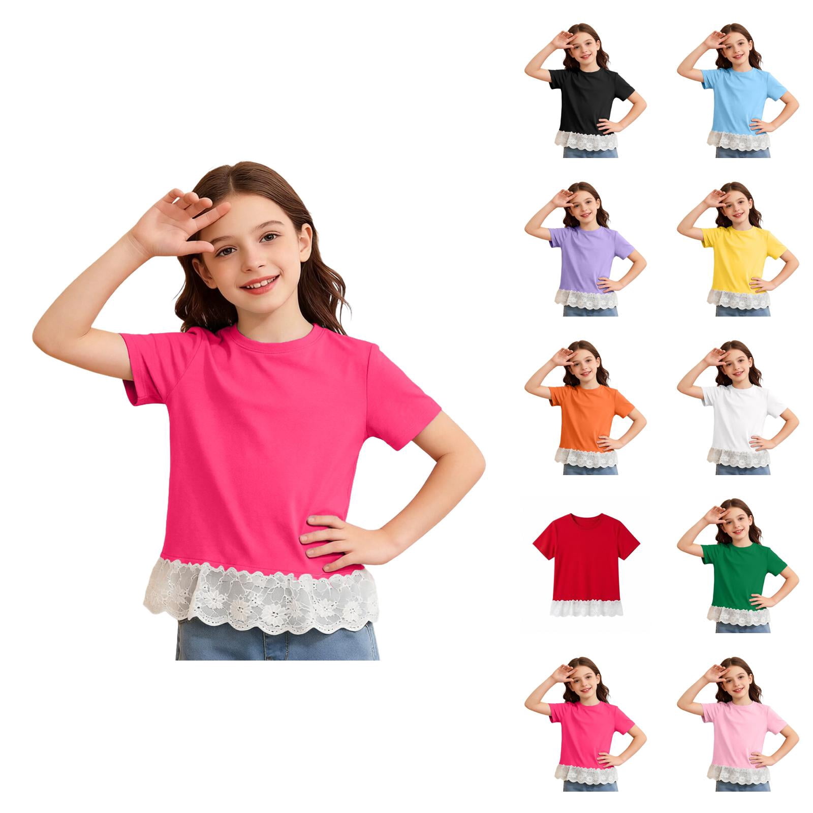 T Shirts for Girls Short Sleeve Crew Neck Eyelet Lace Trim Plain Summer ...