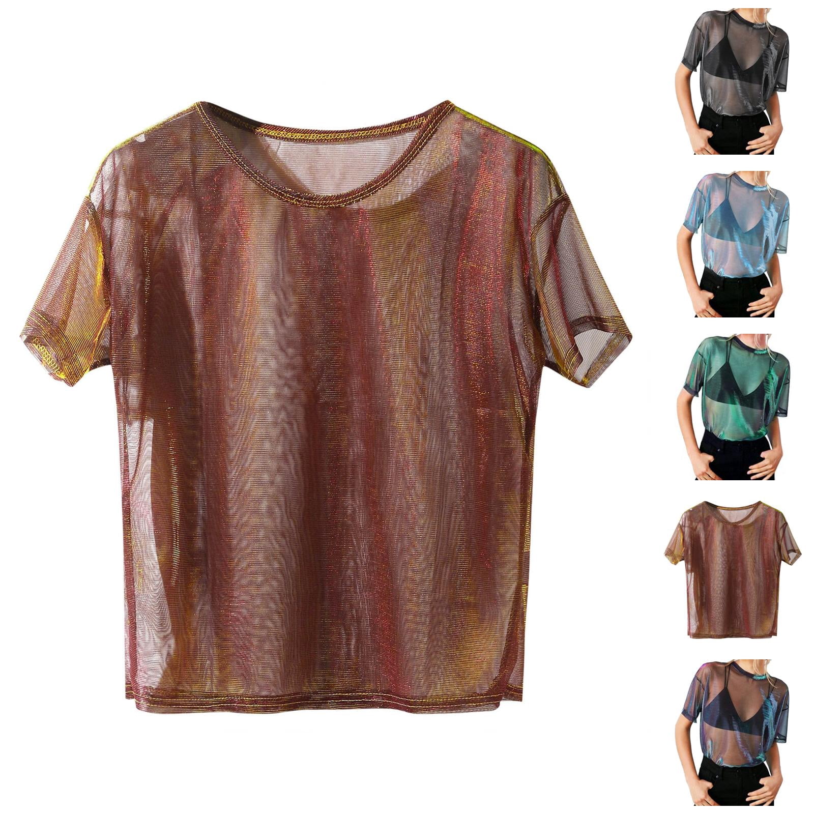 T Shirts for Women 2025 Mesh See Through Short Sleeve Crewneck Sheer ...