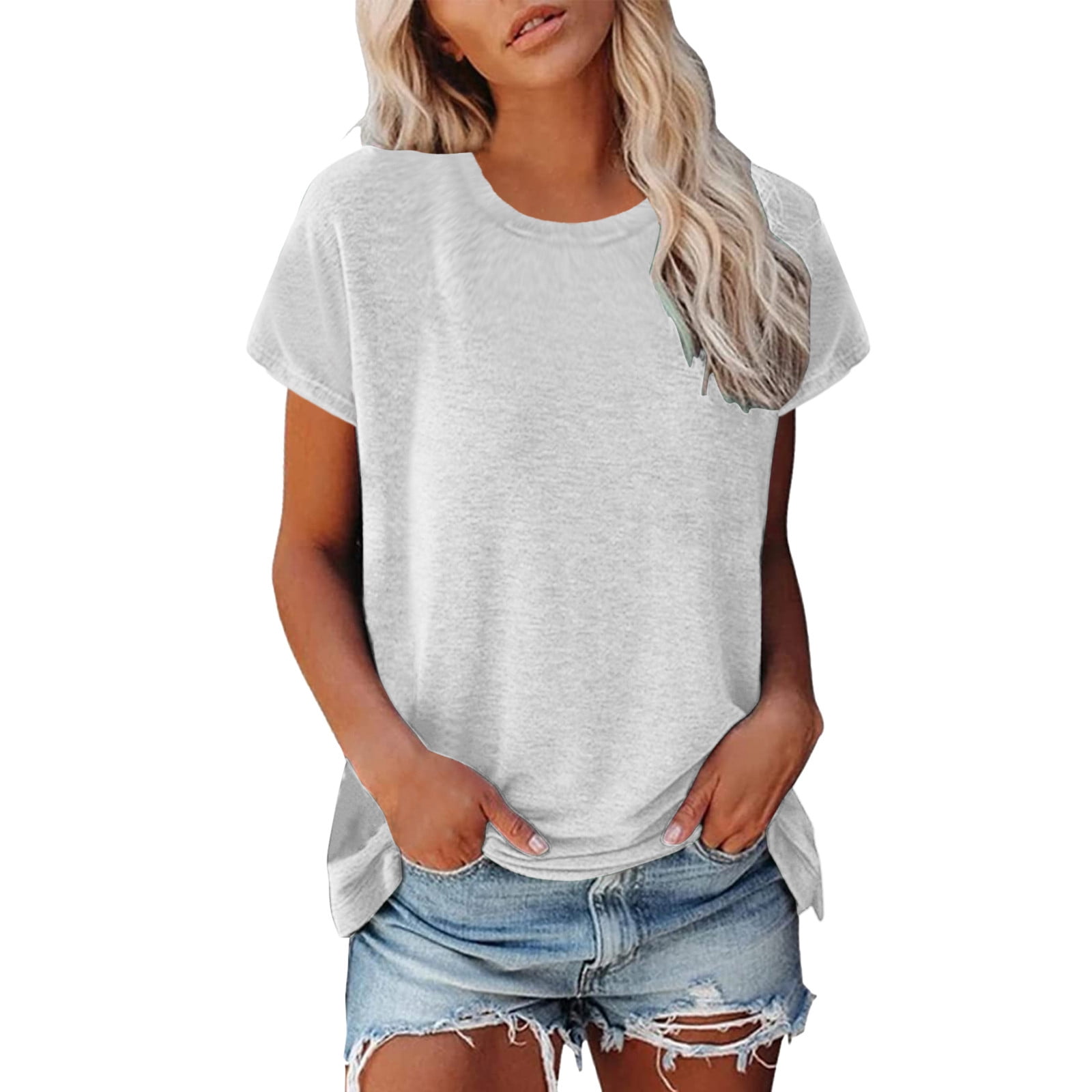 T Shirts for Women Cap Short Sleeve Summer Casual Crew Neck Solid Color Casual Loose Fit White T ...
